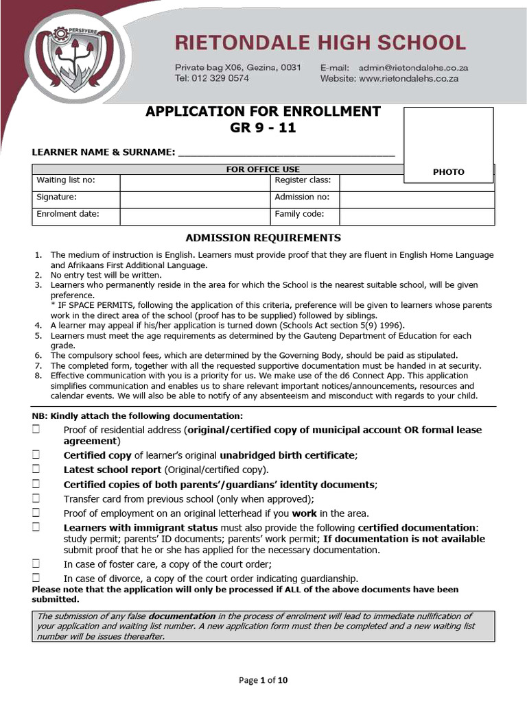 GR 9 11 Application For Admission To School 2025 | PDF