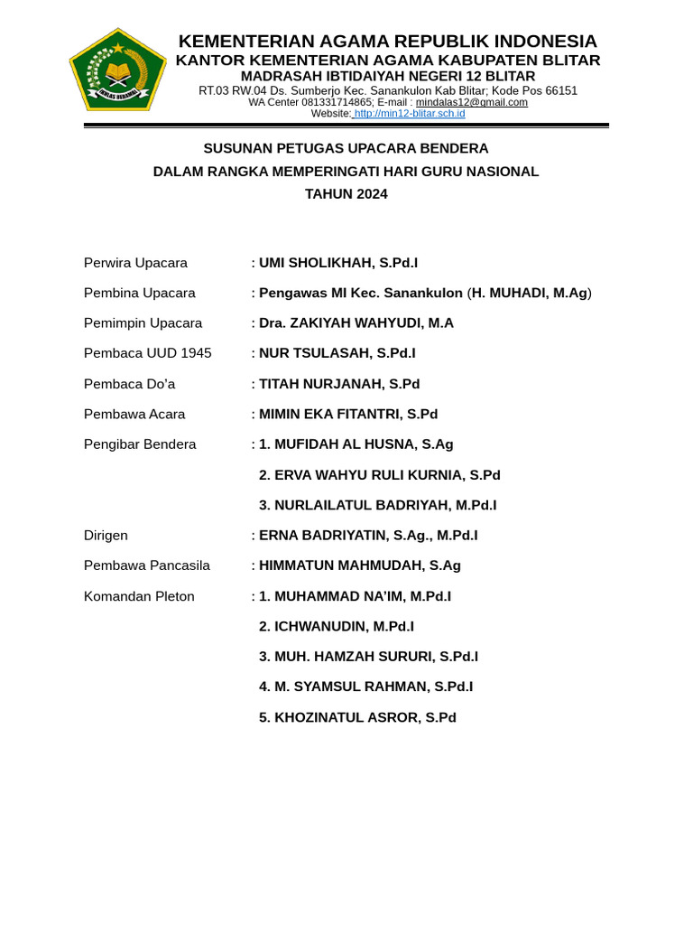Susunan Petugas Upacara Bendera 2024 | PDF