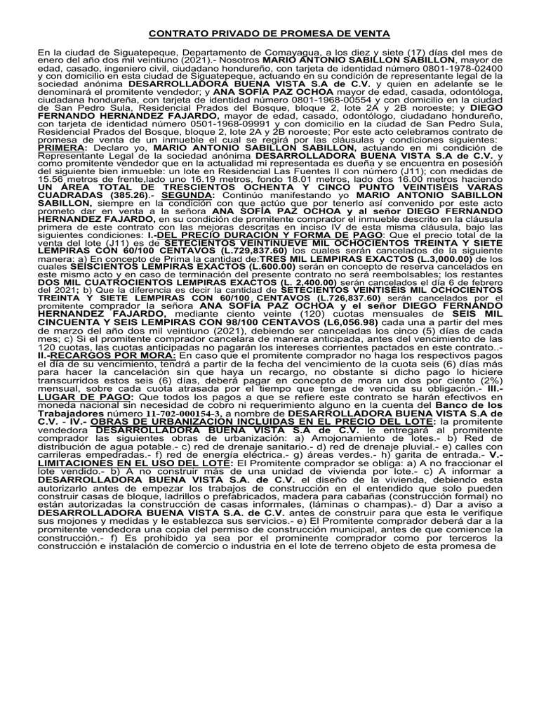 Contrato Privado de Promesa de Venta #2 - Semana 8 | PDF