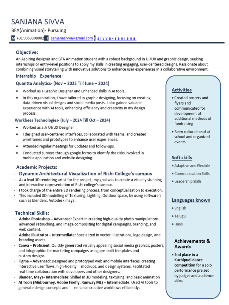 Sanjana Resume 2k24 2 | PDF | 3 D Computer Graphics | Computing