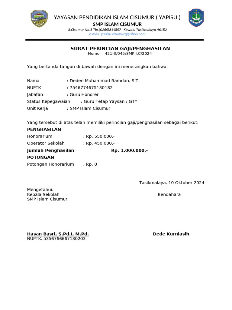 Contoh Surat Penghasilan | PDF