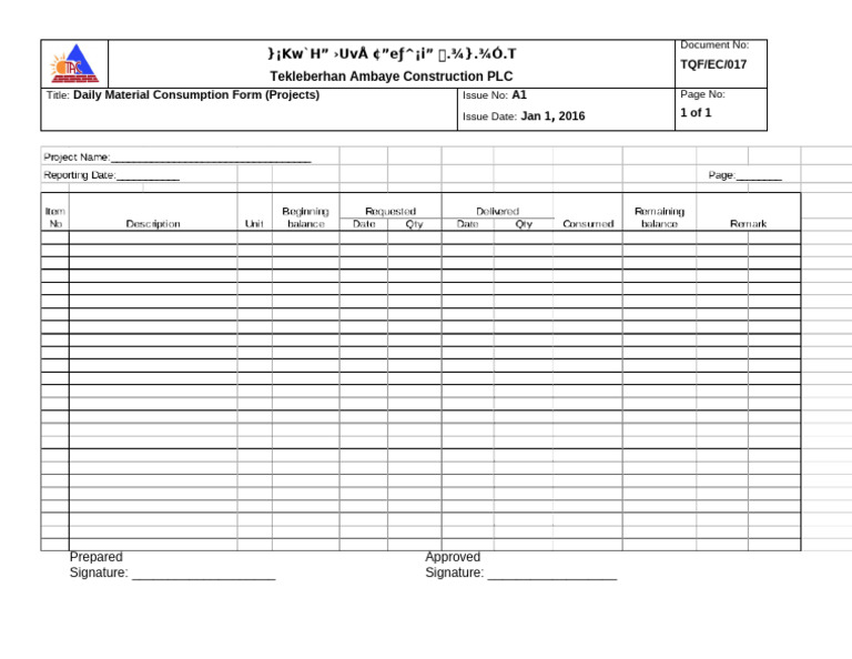 Daily Material Consumption Form | PDF