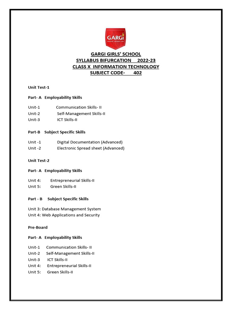 Class 10 IT (402) Syllabus Bifurcation | PDF