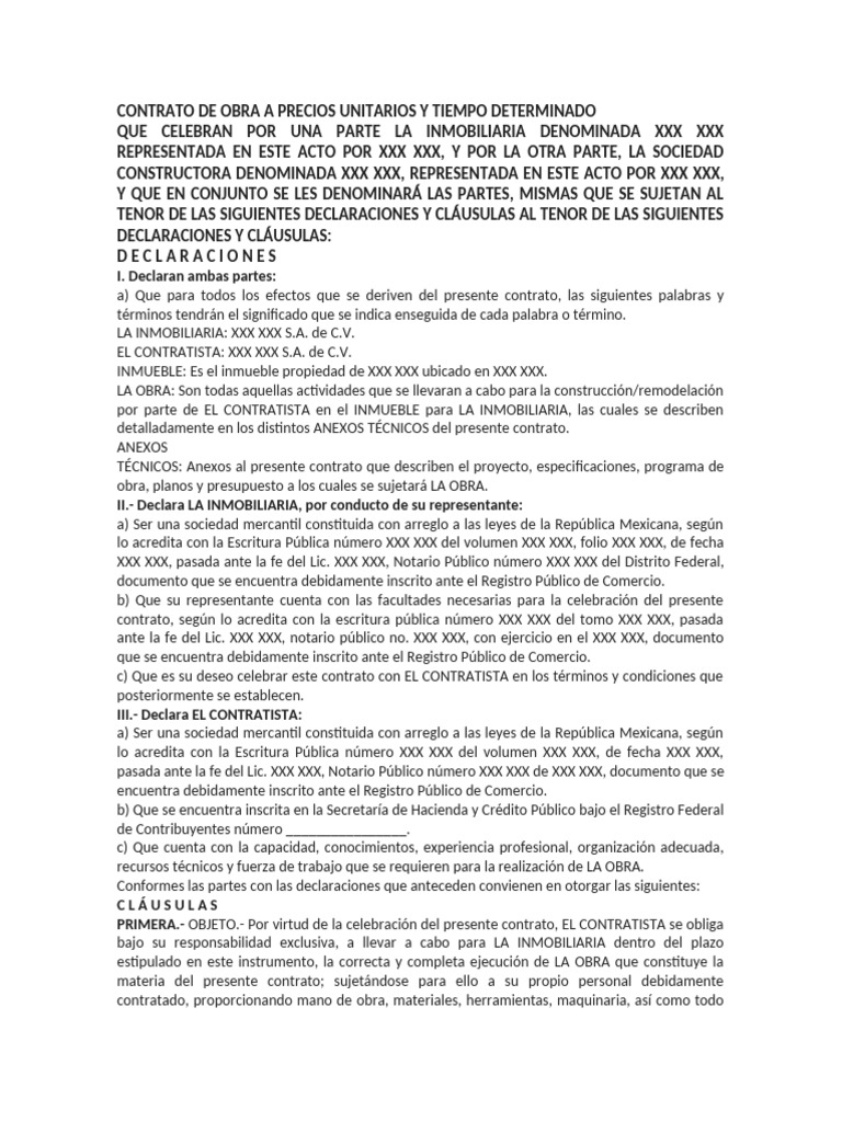 Contrato de Obra a Precios Unitarios | PDF | Outsourcing
