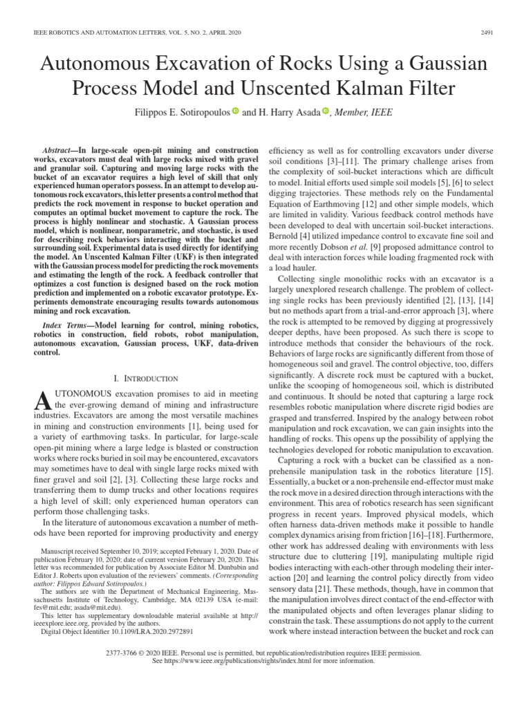 Autonomous Excavation of Rocks Using A Gaussian Process Model and Unscented Kalman Filter | PDF ...