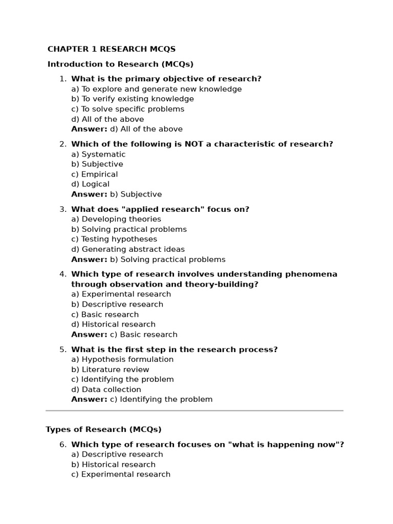 CHAPTER 1 RESEARCH MCQS | PDF | Statistics | Experiment