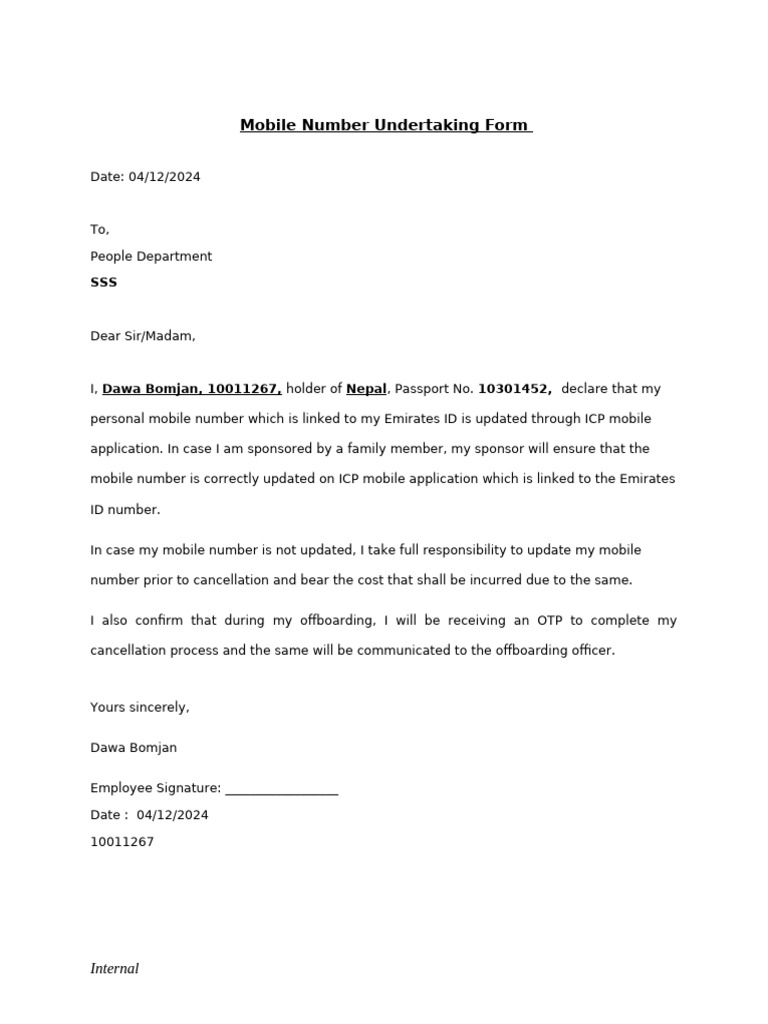 Mobile Number Update Undertaking Form | PDF