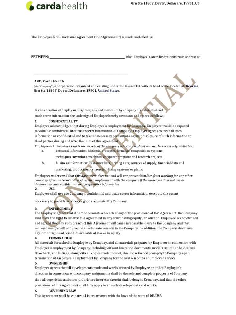 Carda Health Employee NDA Agreement | PDF | Trade Secret | Non ...