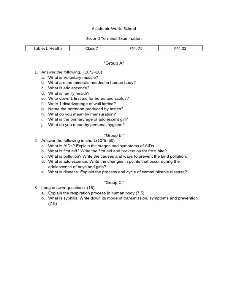 Health Class 7 2081 | PDF