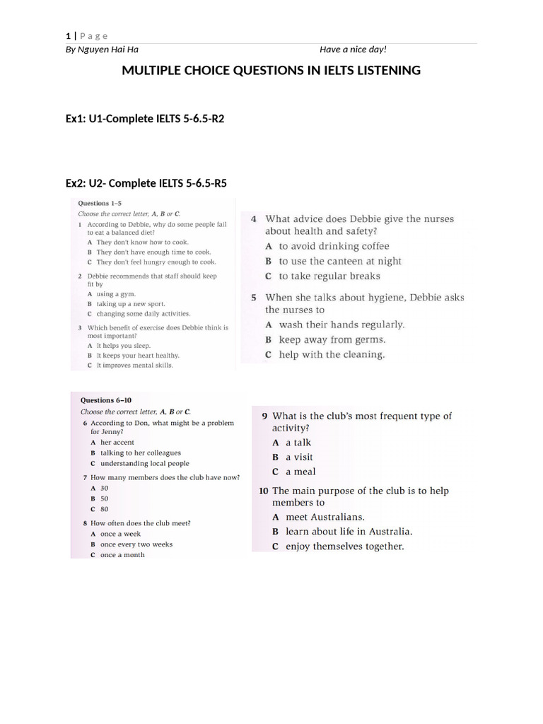 MULTIPLE CHOICE QUESTIONS IN IELTS LISTENING | PDF