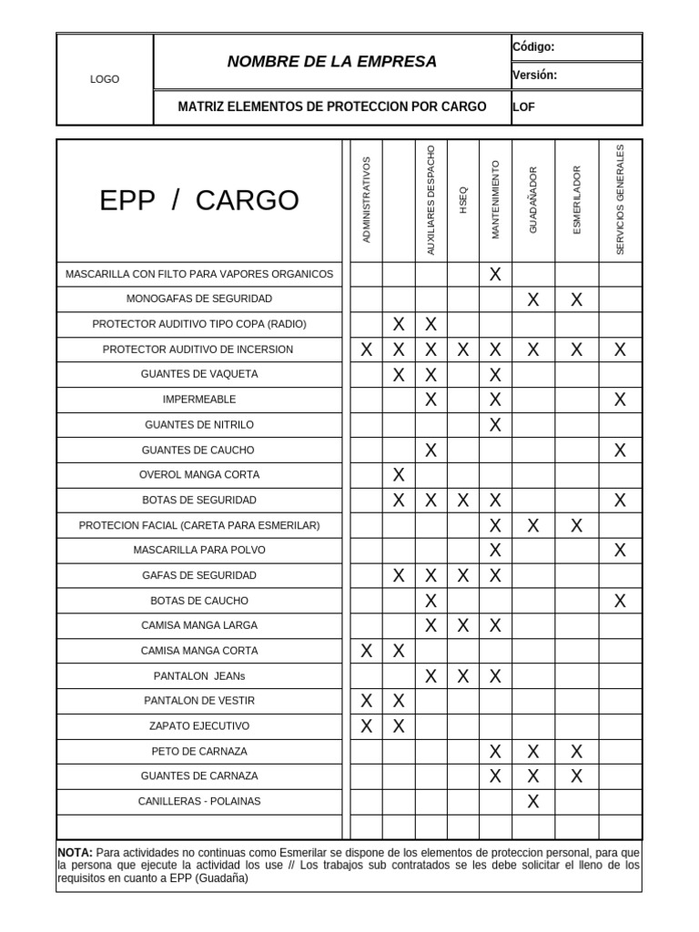 MATRIZ DE EPPs POR AREA Y ACTIVIDAD | PDF | Ropa
