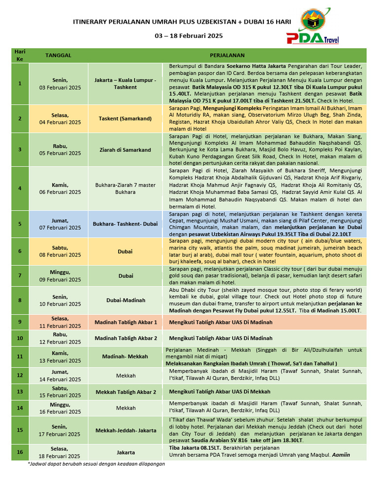 Itinerary Umrah Plus Uzbekistan + Dubai Februari 2025 | PDF