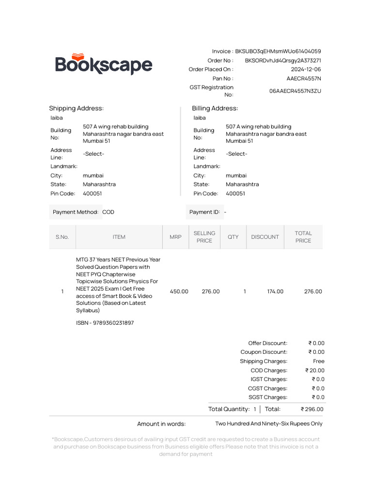 Invoice for NEET Exam Preparation Book | PDF | Invoice | Payments
