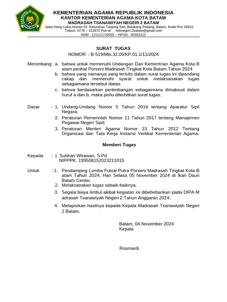 Surat Tugas Subhan Porseni 2024 | PDF