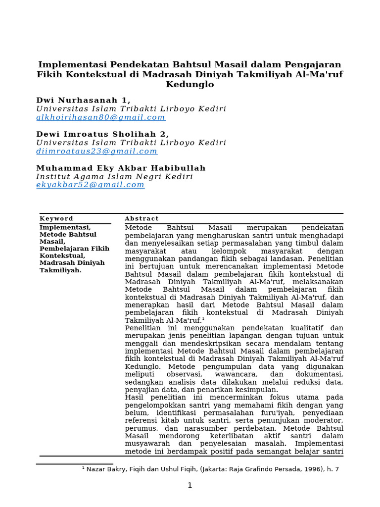 Artikel DWI NURHASANAH Implementasi Pendekatan Bahtsul Masail Dalam ...