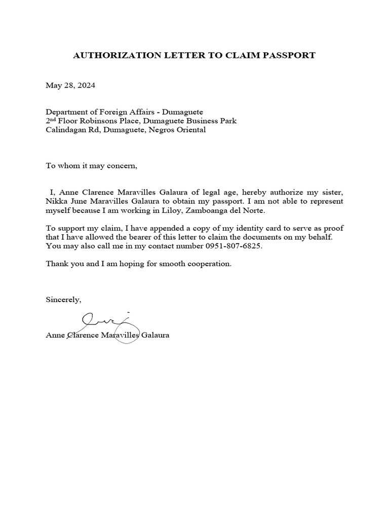 AUTHORIZATION LETTER TO CLAIM PASSPORT | PDF