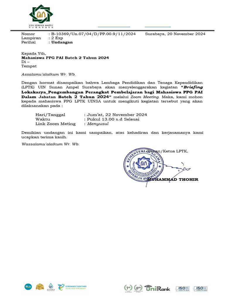 Undangan - Briefing Lokakarya PPP PPG Batch 2 2024 | PDF