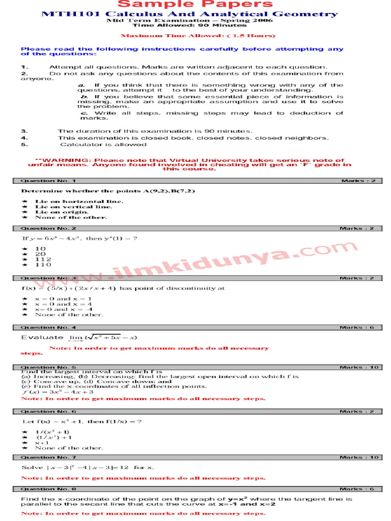 MTH101 Calculus And Analytical Geometry BS Information Technology VU University Past Papers 2006 ...