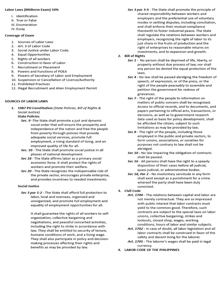Labor Laws Midterm Exam Guide | PDF | Labour Law | Employment