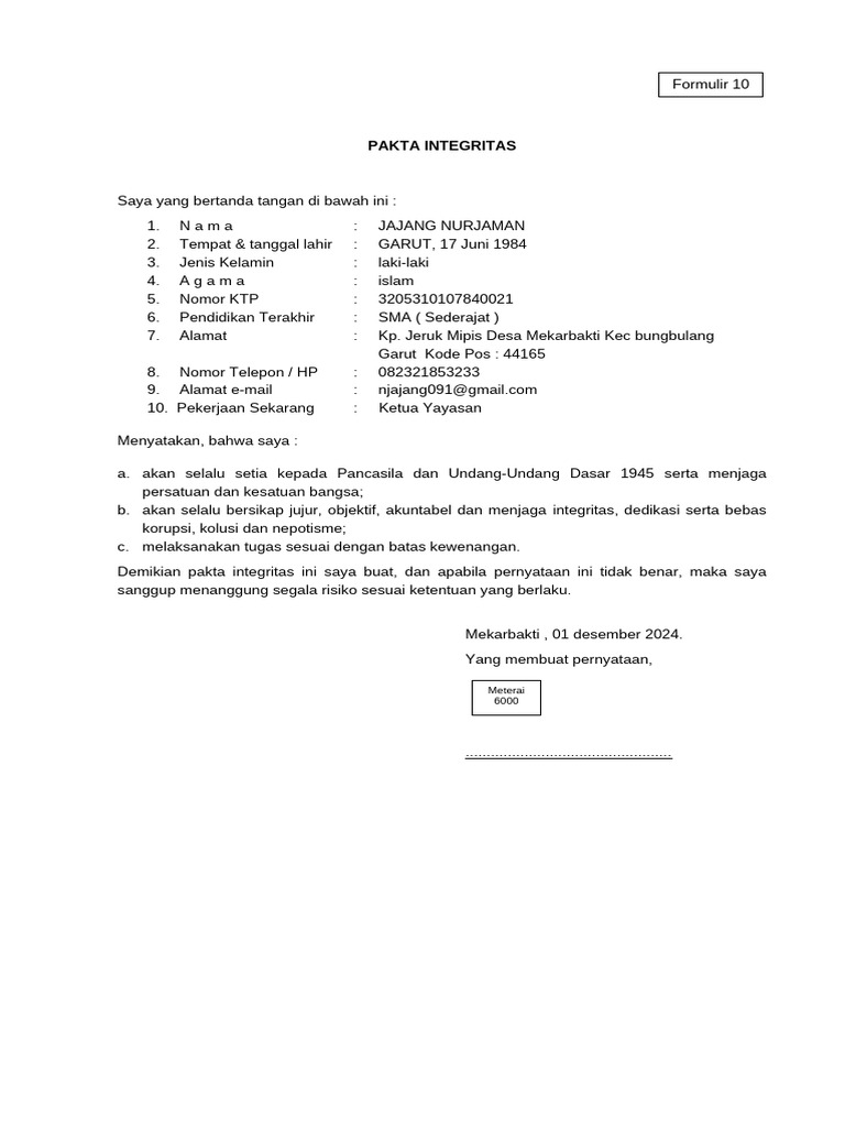 Form 10 Pakta Integritas | PDF