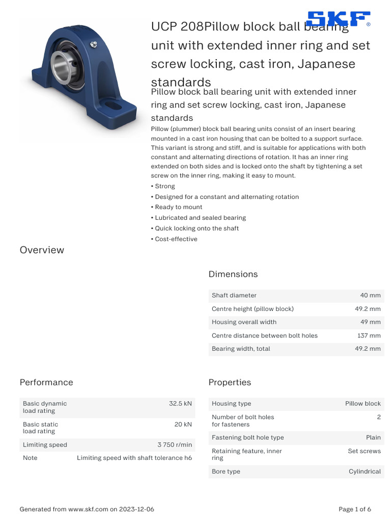 SKF UCP 208 Bearing Specifications | PDF | Bearing (Mechanical) | Screw