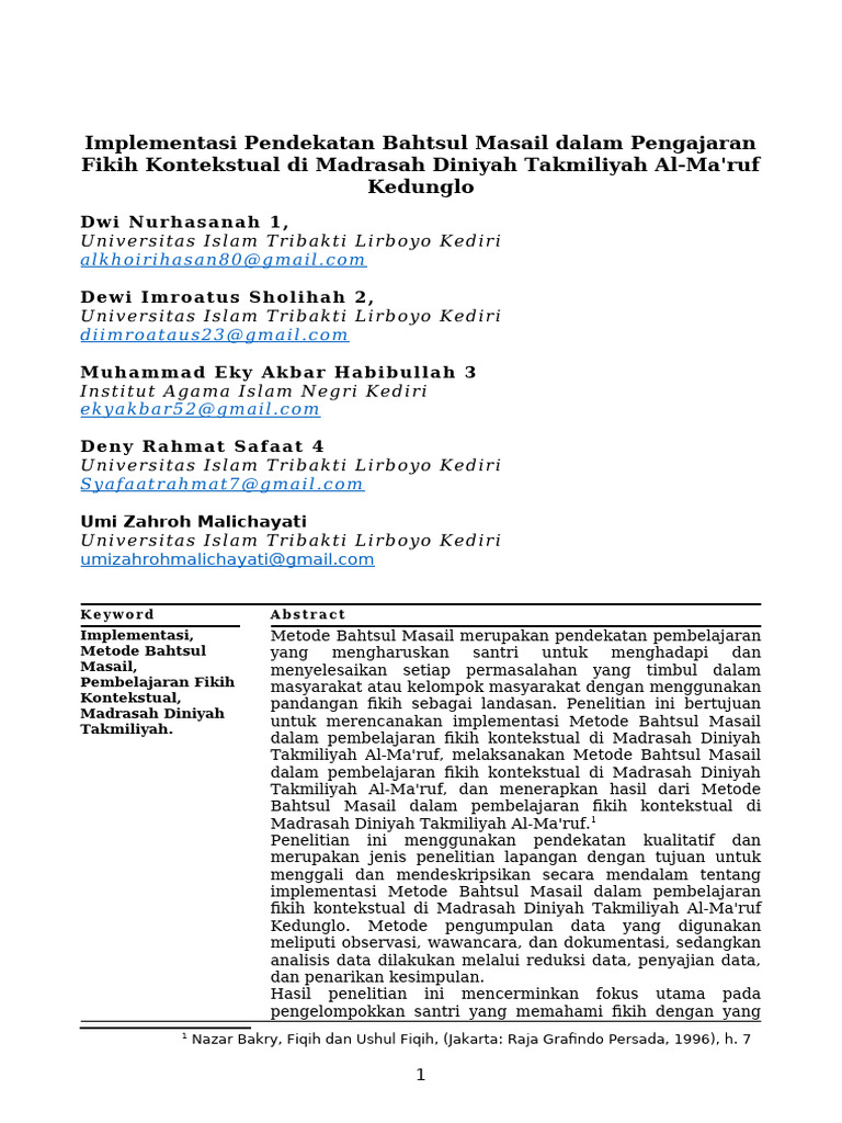 Artikel Jadi Dwi n Implementasi Pendekatan Bahtsul Masail Dalam Pengajaran Fikih Kontekstual Di ...