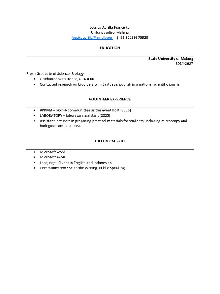 CV Jessica Avrilla Franciska | PDF