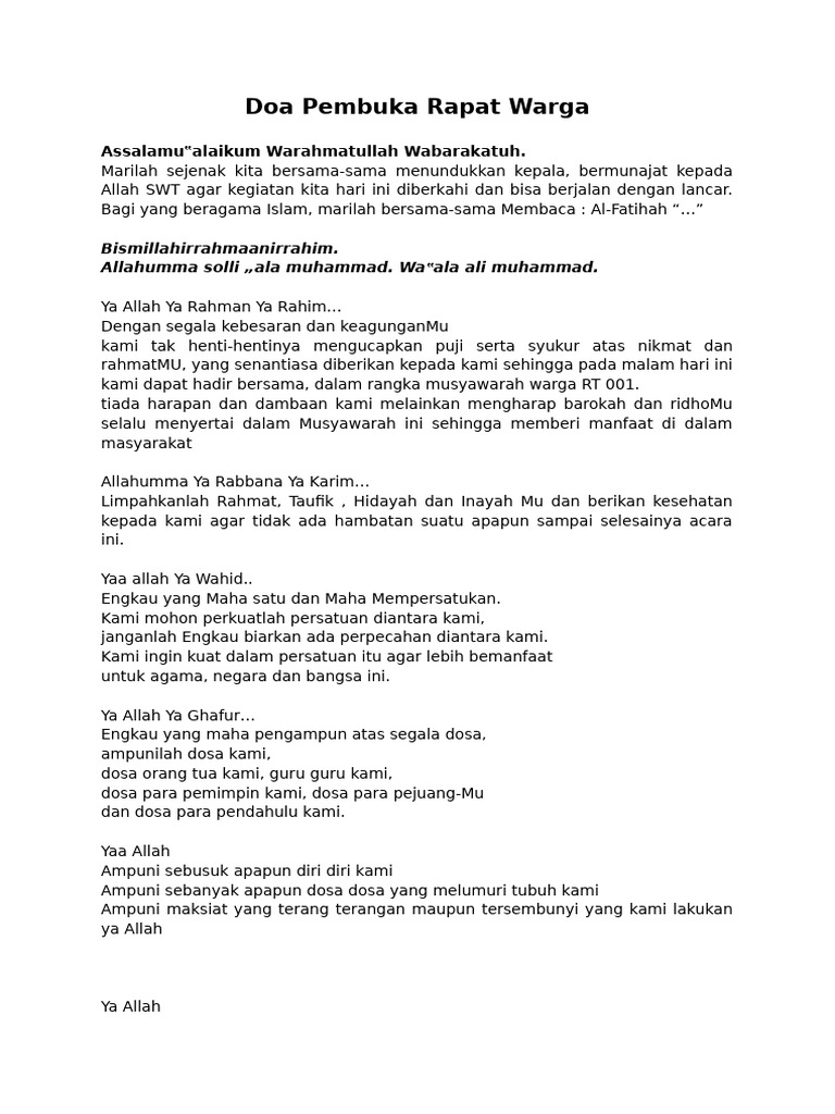 Doa Pembuka Rapat Warga | PDF