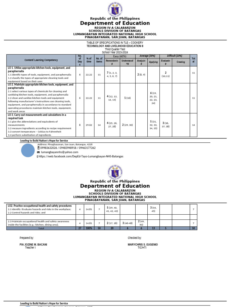 TOS-TLE 8 Q3 | PDF | Occupational Safety And Health | Safety