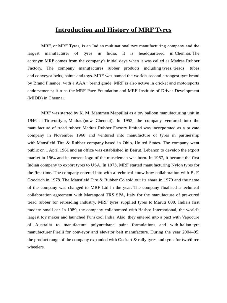 Introduction and History of MRF Tyres | PDF