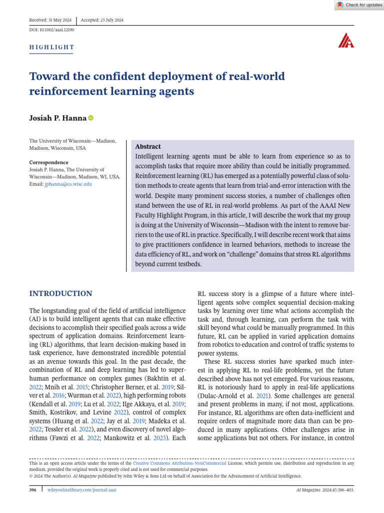AI Magazine - 2024 - Hanna - Toward The Confident Deployment of Real World Reinforcement ...