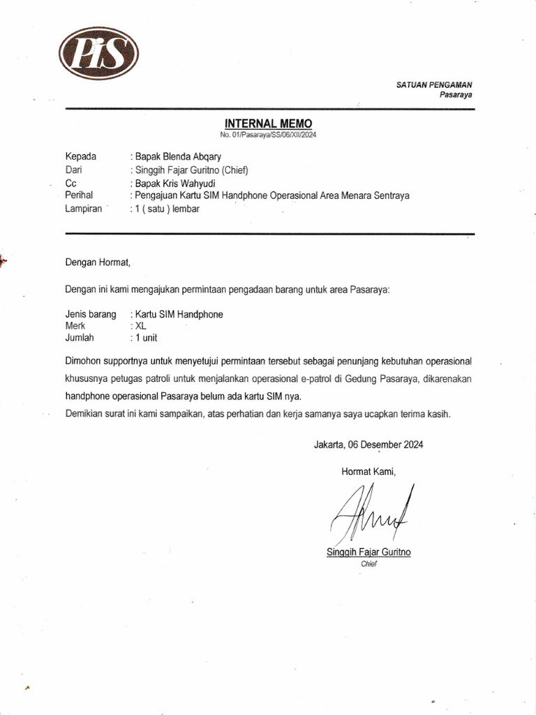 SS Internal Memo - Pengajuan Kartu SIM HP E-Patrol | PDF