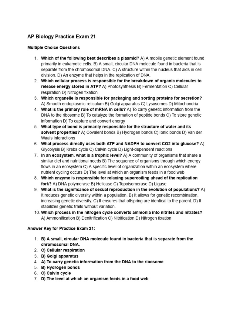 AP Biology Practice Exam 21 Answers | PDF | Biology | Cell (Biology)