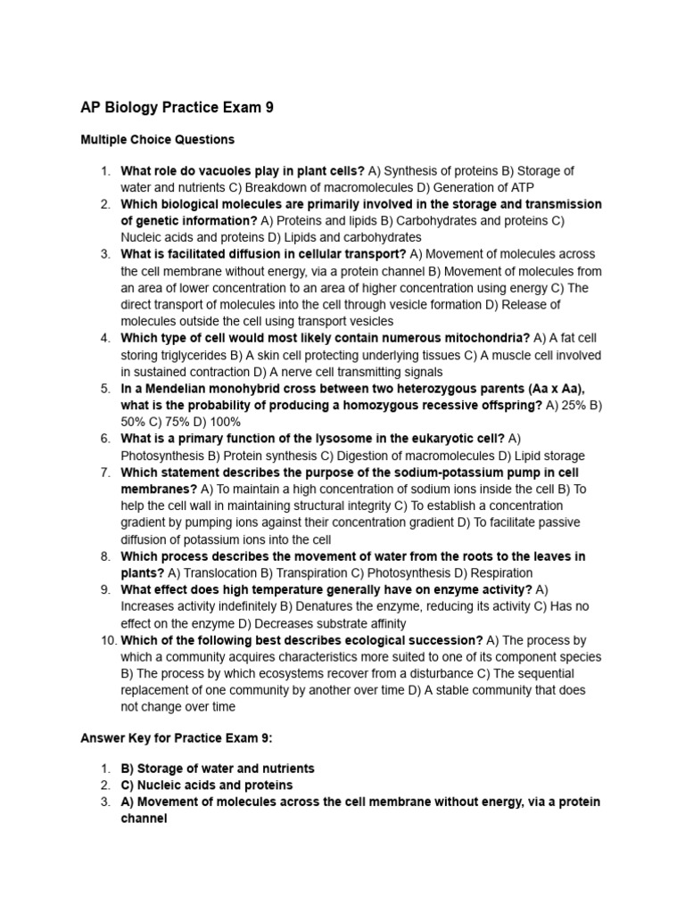 AP Biology Practice Exam 9 | PDF | Cell (Biology) | Biology