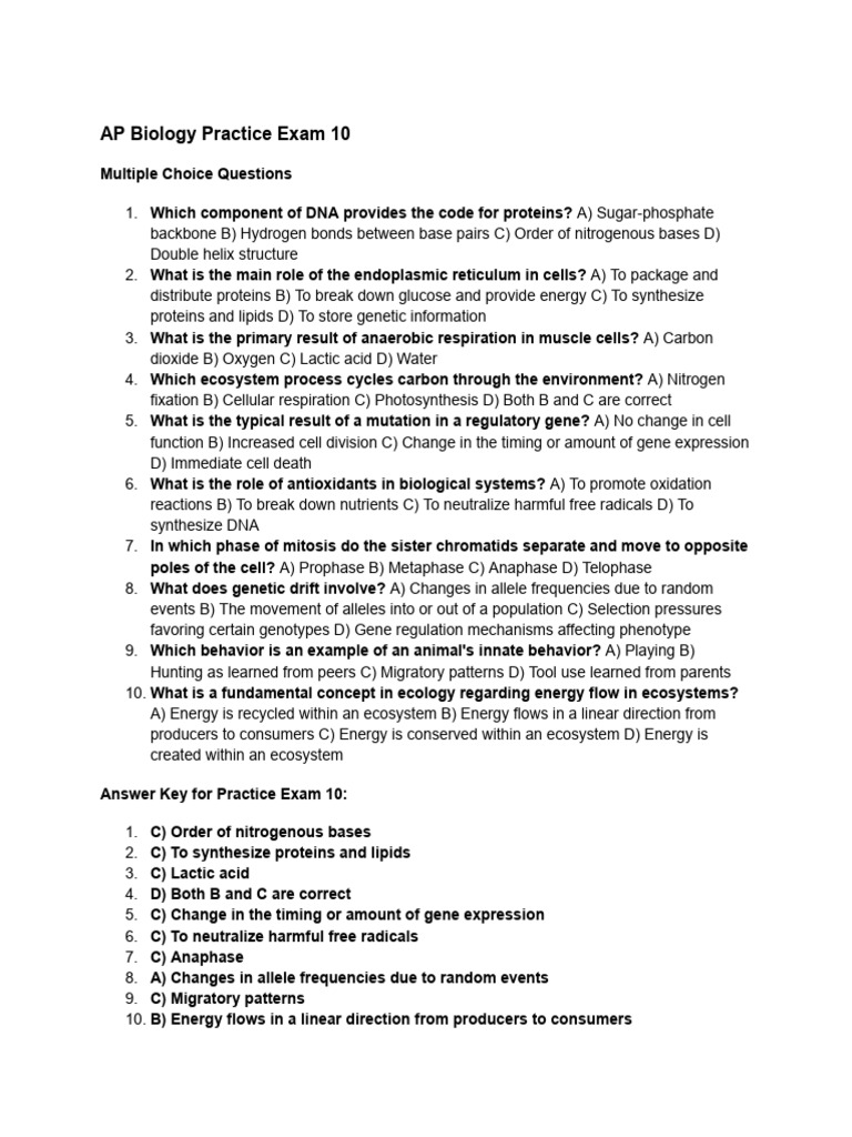 AP Biology Practice Exam 10 | PDF | Biology | Gene