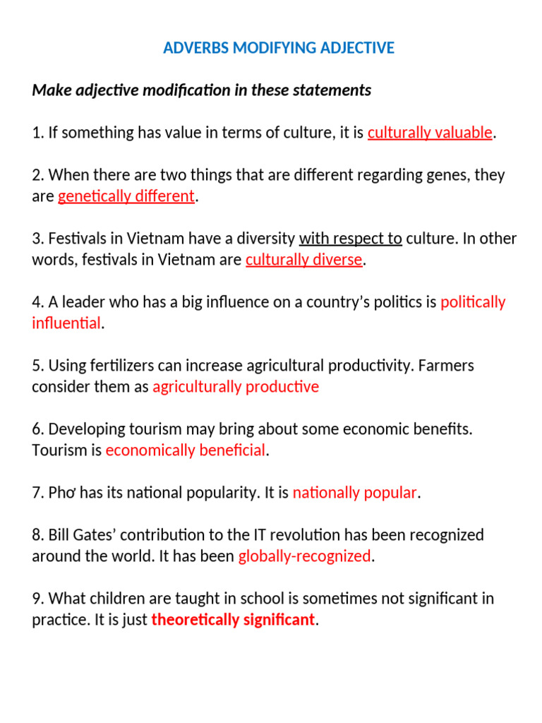 ADVERB MODIFYING ADJECTIVE Exercise | PDF