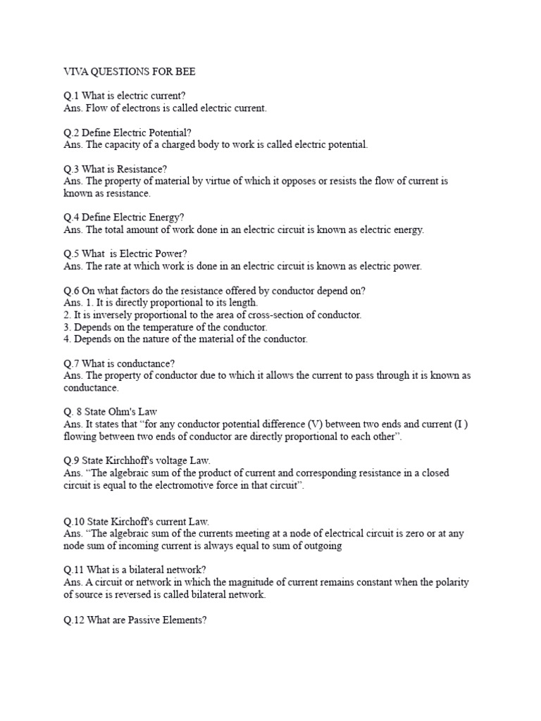 Viva Questions for Bee | PDF | Electrical Network | Electrical Resistance And Conductance