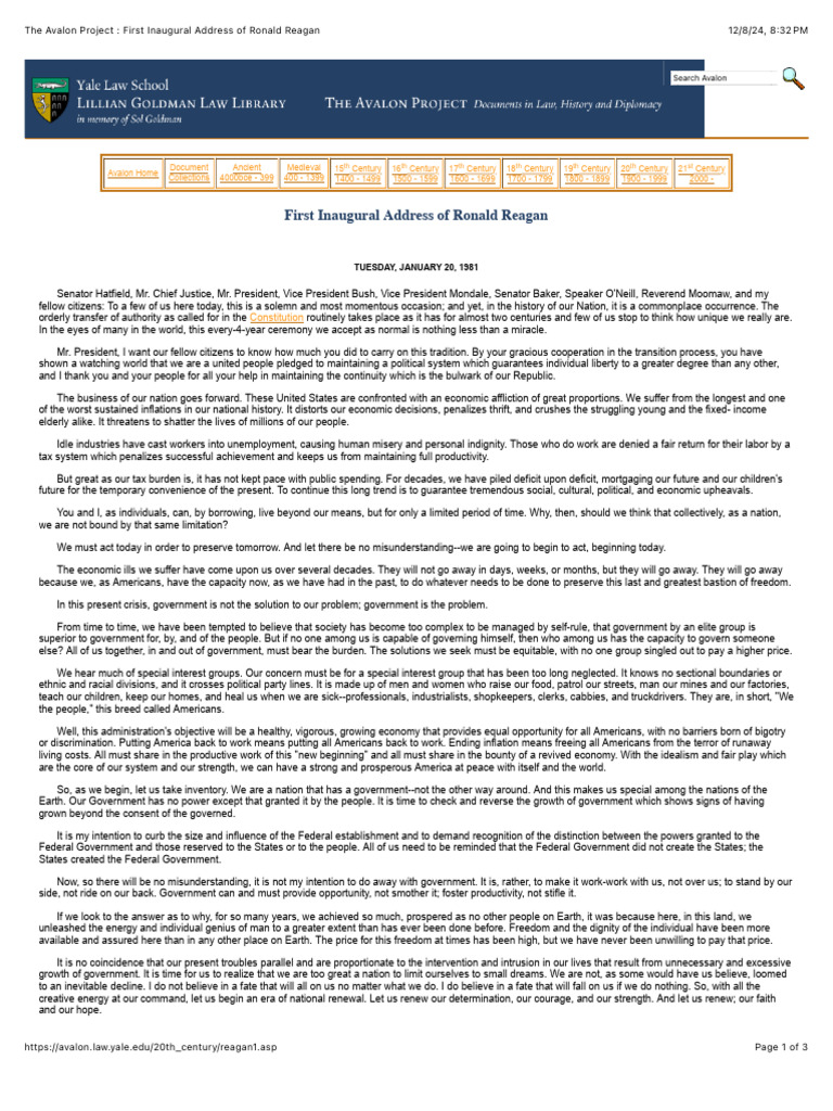 The Avalon Project : First Inaugural Address of Ronald Reagan | PDF | Deficit Spending