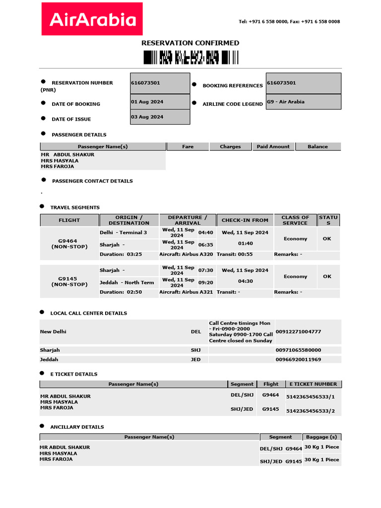 Del - Jed 3 Pax Ak International LDN Air Arabia | PDF | Aviation | Airlines