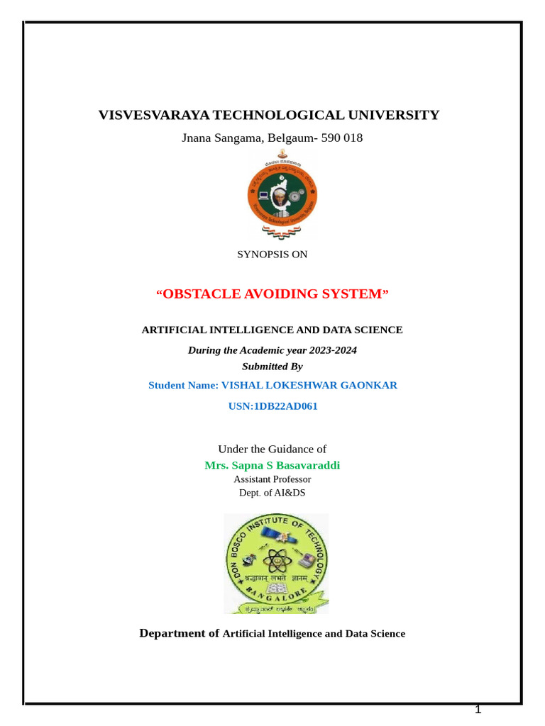 Object Avoiding System Synopsis Vishal (1DB22AD061) Pagenumber | PDF | Arduino | Radar