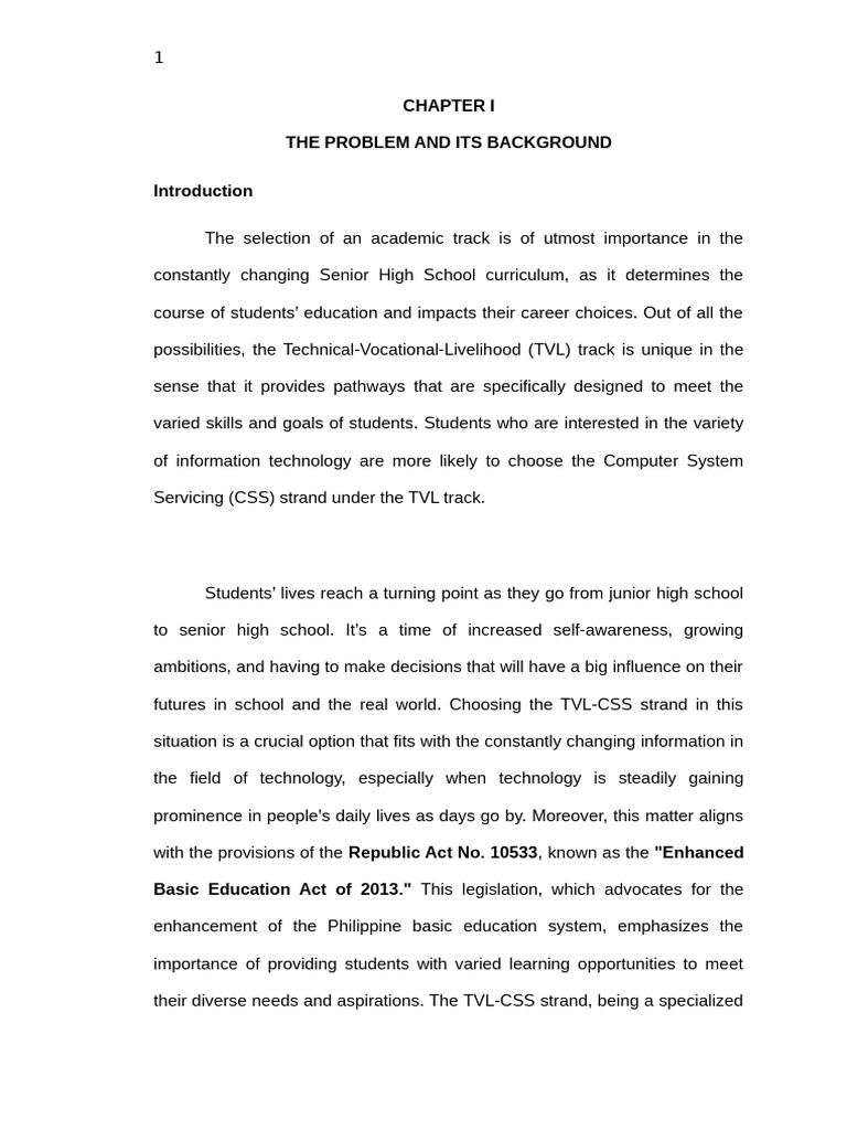 CHAPTER 01 of "LEVEL IF SATISFACTION ON TVL-CSS AS THE CHOSEN STRAND OF ...