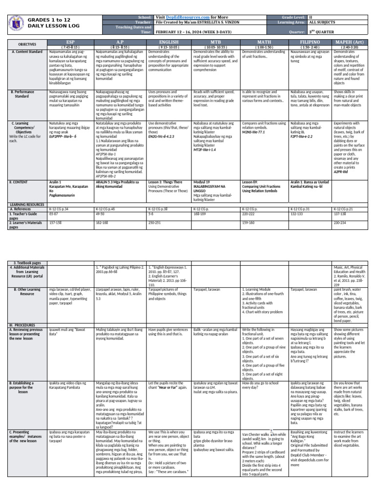 DLL All Subjects 2 q3 w3 d3 | PDF