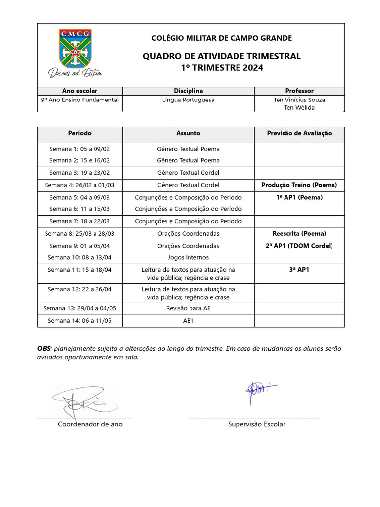 QAT_1º_TRI_LP_9º_ANO_ 2024 | PDF