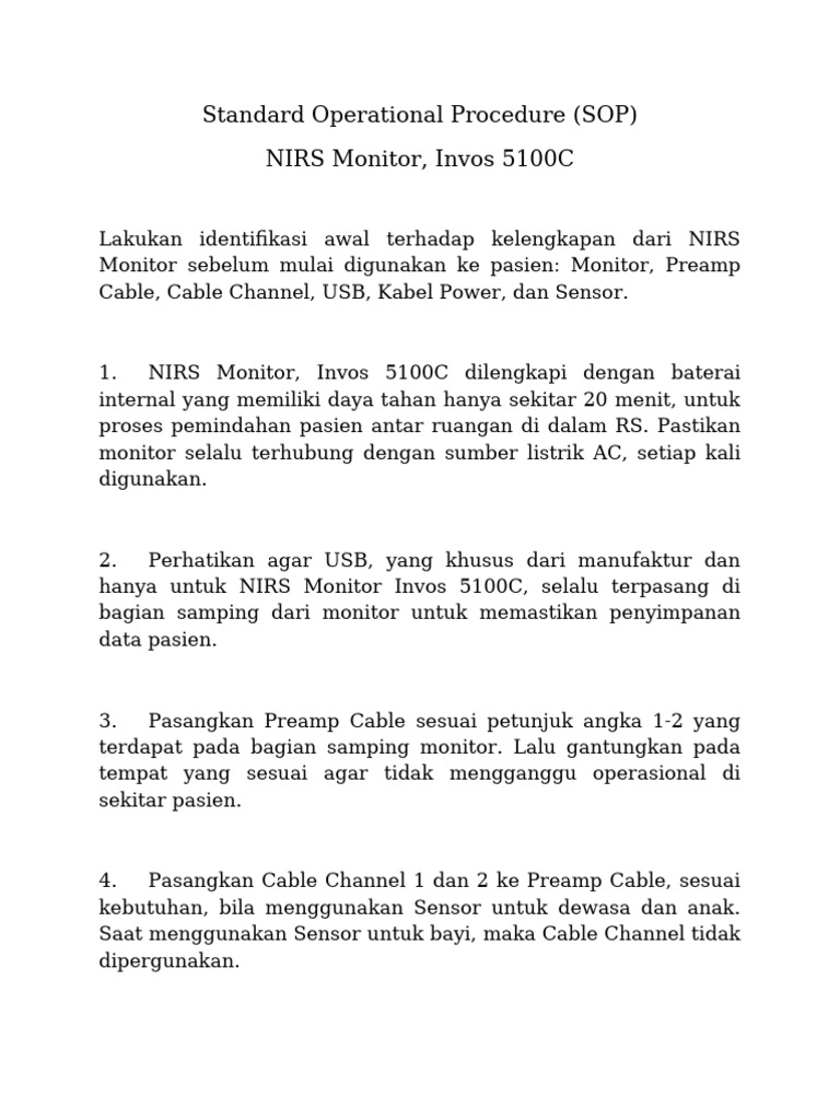 SOP Penggunaan NIRS Monitor Invos 5100C | PDF