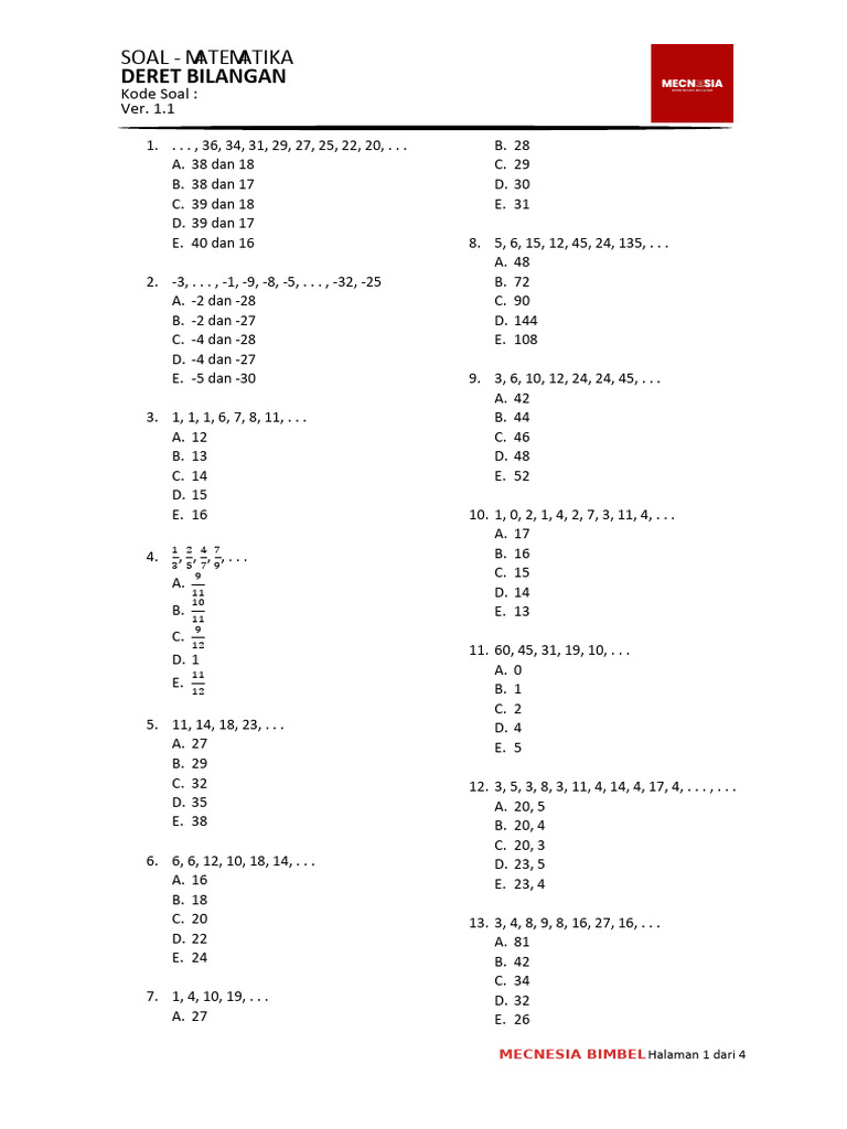MECNESIA BIMBEL - Deret Angka (Soal) | PDF