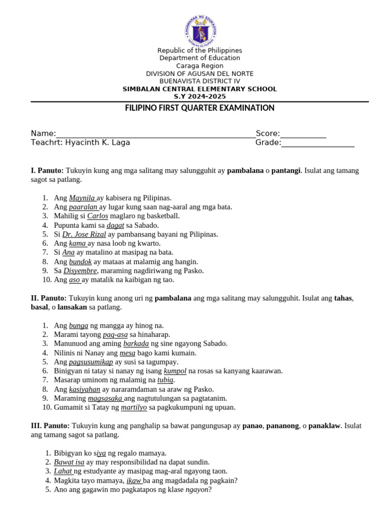1st Periodical Test in Filipino 5 | PDF