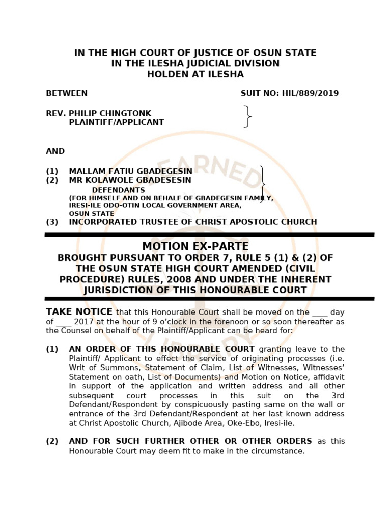 Motion For Substituted Service by Pasting | PDF | Affidavit | Lawsuit