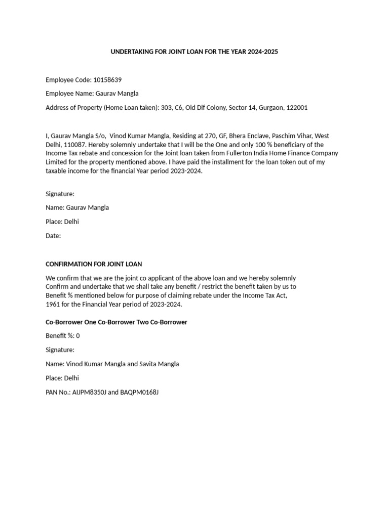 Undertaking For Joint Loan | PDF