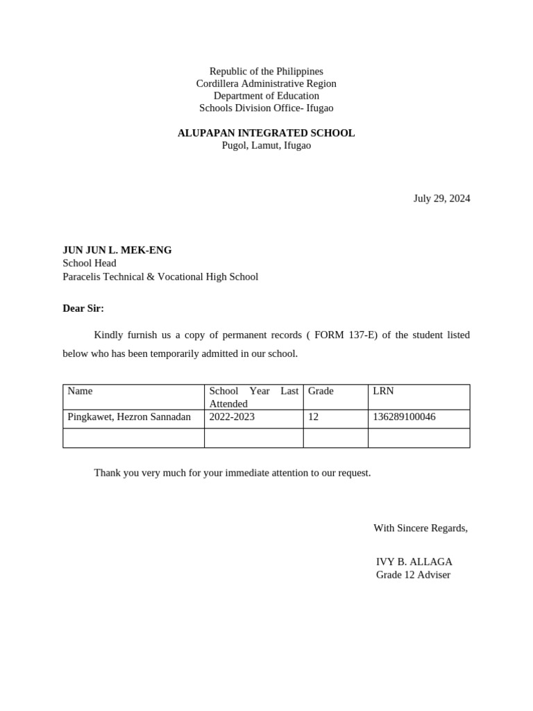 letter-form-137 | PDF | Philippines