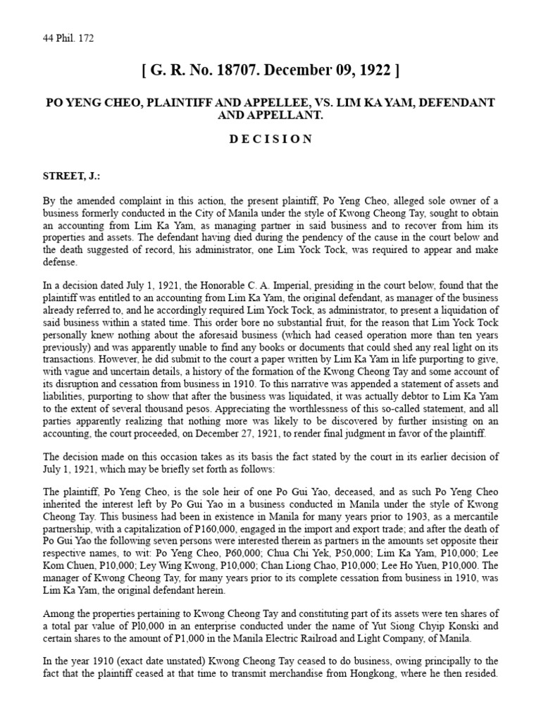 62 Po Yeng Cheo vs. Lim Ka Yan, 44 Phil. 172, G. R. No. 18707. December ...